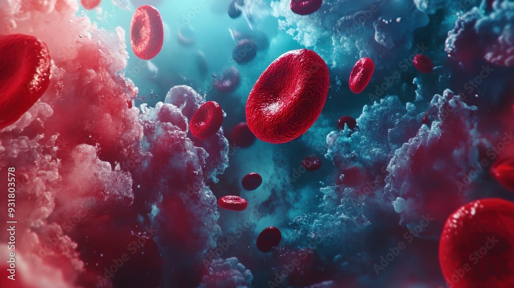 Red blood cells move through a colorful fluid, delivering essential ...