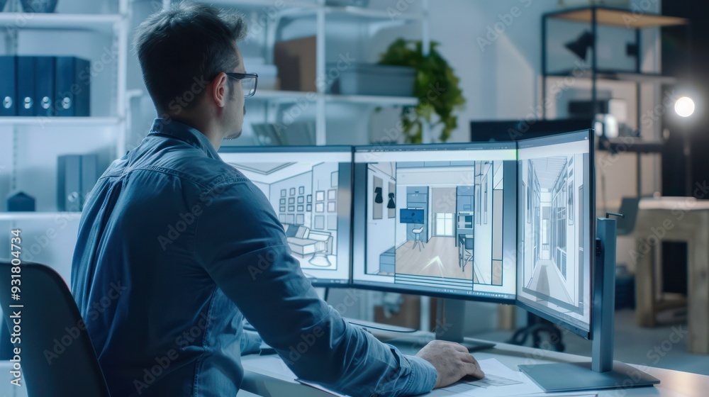 Architectural designer using 3D software to create a virtual showroom ...
