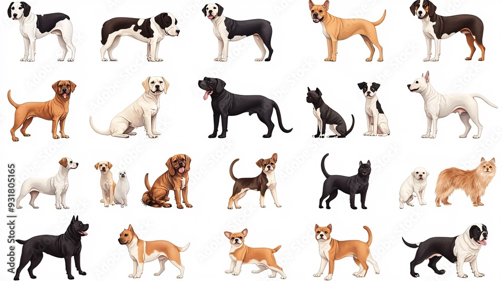 Repeating design of various dog breeds and cats with different poses on ...