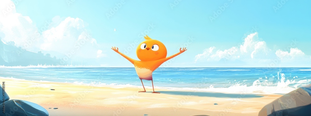 Colorful cartoon character in a swimsuit doing morning exercises on a ...