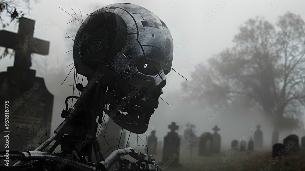 Haunted Robot with Cracked Screen Face Displaying Glitchy Ghost Images ...