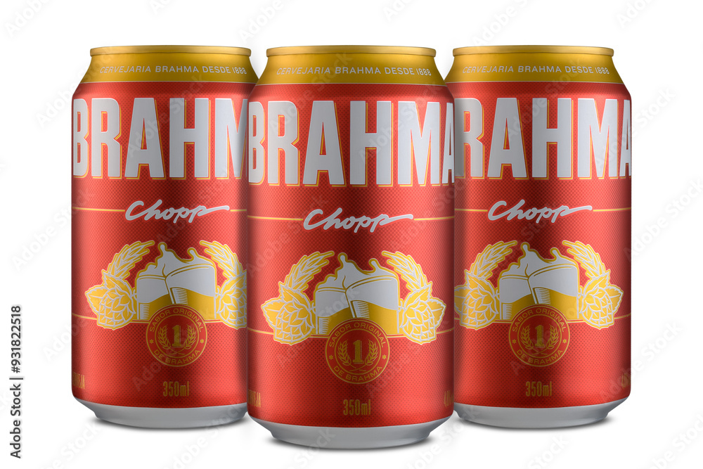 São Paulo, Brazil - August 16, 2024 Chopp Brahma, three 350 ml cans on ...