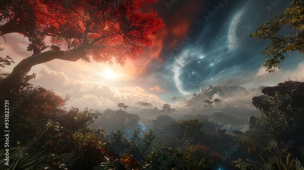 Breathtaking alien world with vibrant sky and lush landscape for ...