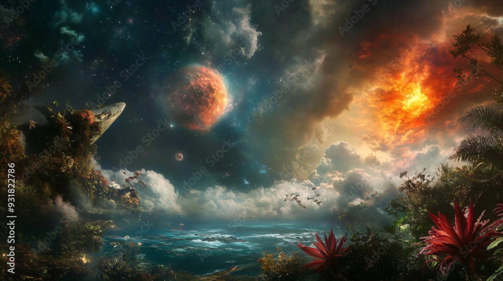 Breathtaking alien world with vibrant sky and lush landscape for ...