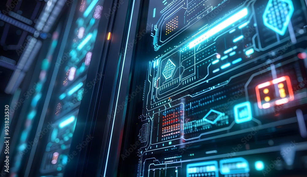 A close up of an open data center server rack with glowing holographic ...