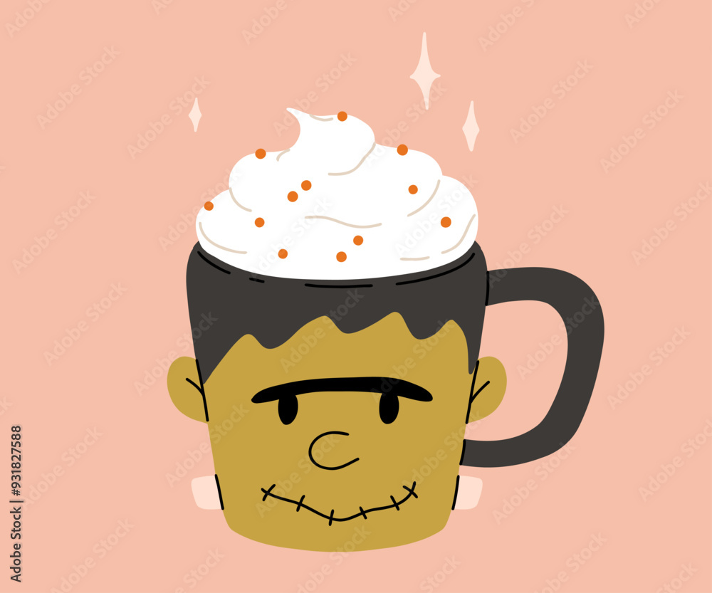 Vector collection of cute Halloween mugs. Hot cocoa, coffee and tea ...