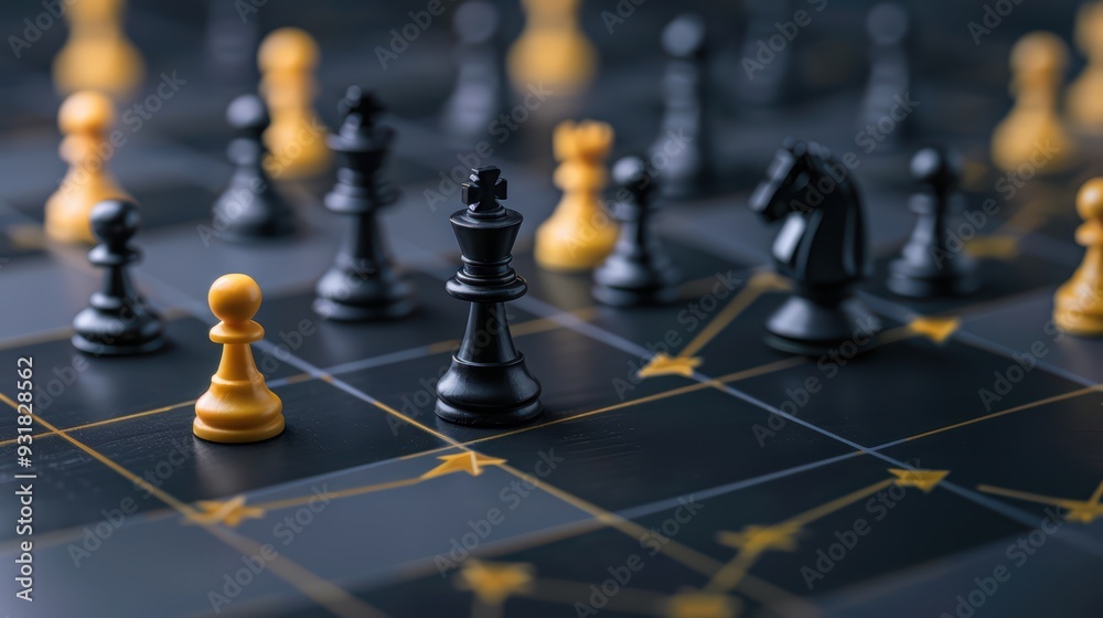 Strategic Chess Game with Black and Gold Pieces on a Modern Board with ...