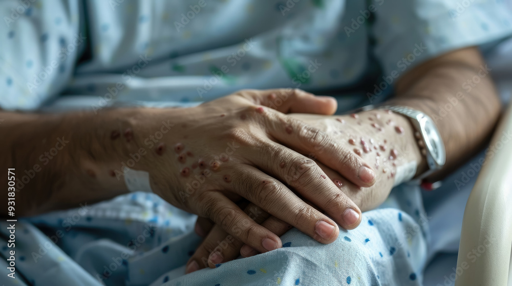 man's hands covered with rash, abscesses, wounds, pimples, monkeypox ...