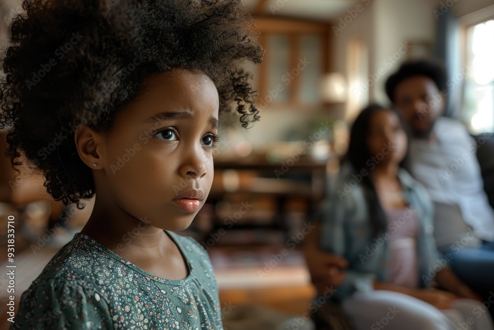 Confused and scared, young girl in the foreground with parents arguing ...