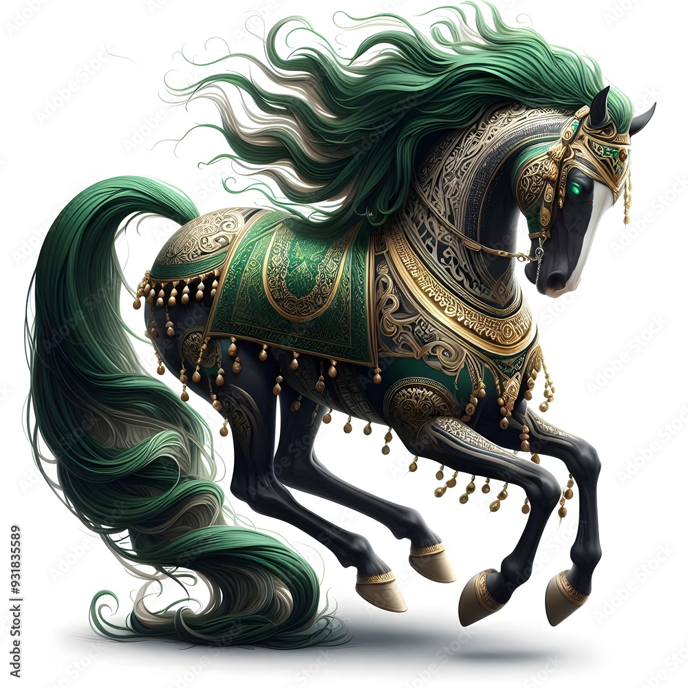 A beautiful spiritual Arabic Zuljanah-style horse with golden and green ...