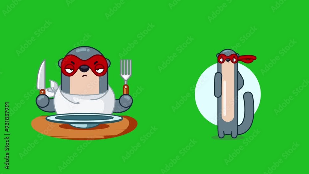Hungry otter funny cartoon character and sticker ready with food dish ...