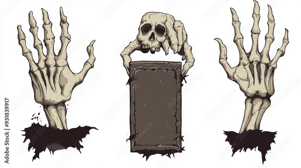 Bones of skeleton or zombie hands holding black banners or a tombstone ...