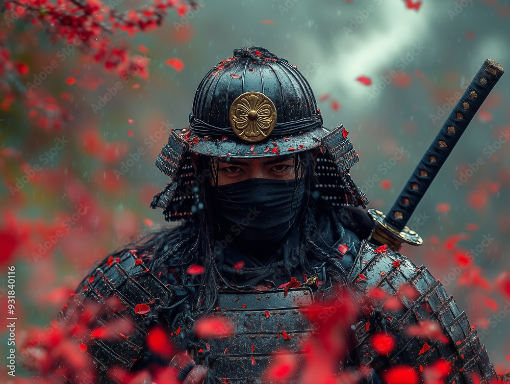 Japanese samurai with his face covered by a black bandana in a proud ...