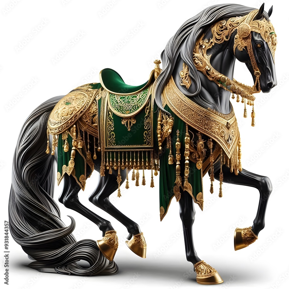 A beautiful spiritual Arabic Zuljanah-style horse with golden and green ...