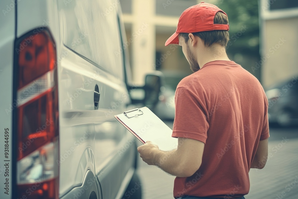 Full-length shot of a young courier in uniform reading a clipboard ...
