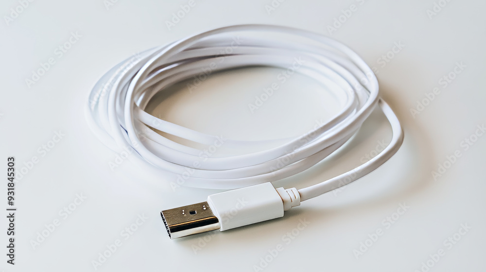 Cable with USB, Type-C, and Lightning connectors, isolated on a white ...