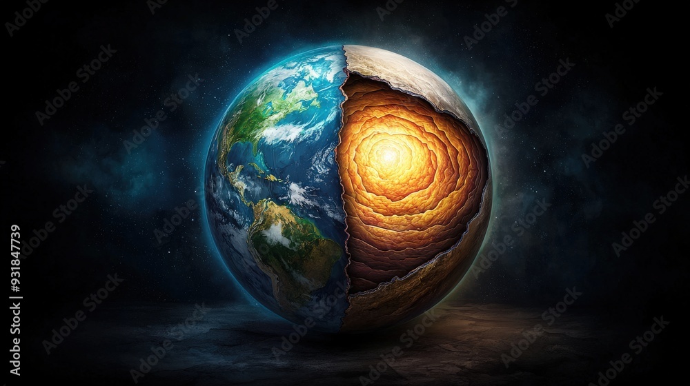 A detailed illustration of the layers of the Earth, showing the crust ...