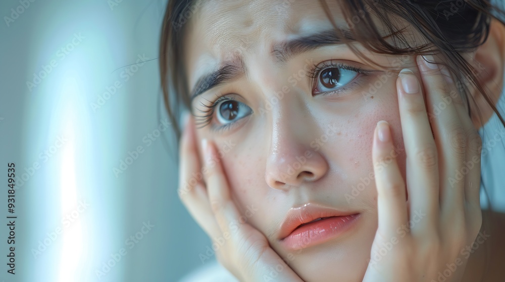 Bored insomnia asian young woman girl looking at mirror hand touching ...