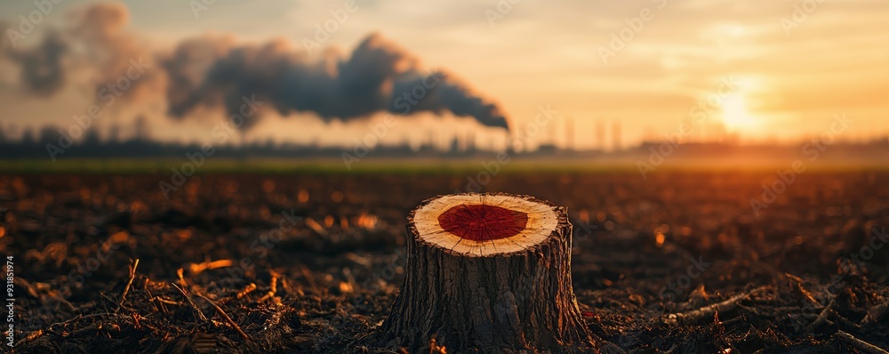 A solitary tree stump in a stripped landscape, with factory smoke ...