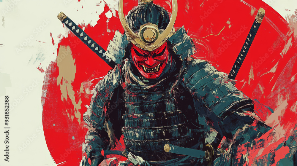 Artwork illustration of a Japanese samurai warrior wearing a red mask ...