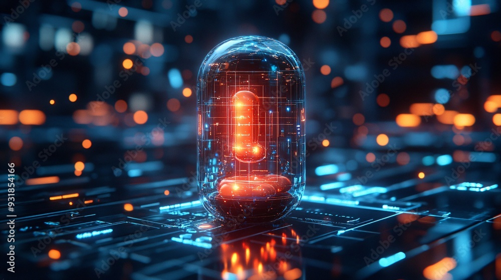 Advanced biotechnology and holographic tech create a glowing capsule ...