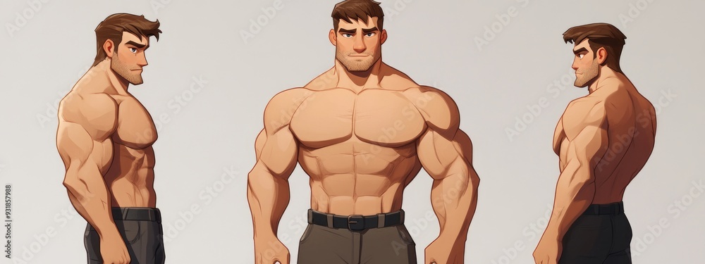 Muscular cartoon guy with bare chest Tough character intense expression ...