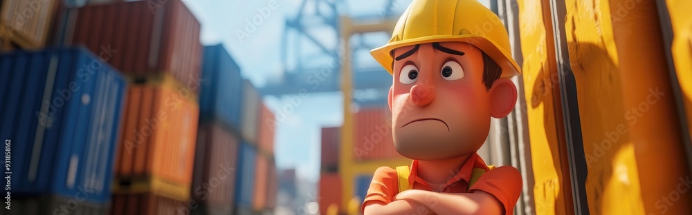 sad 3d cartoon foreman container cargo industry scene warehouse ...