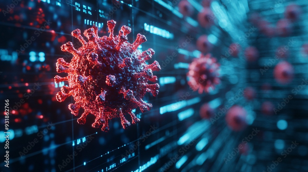 Digital model of the Coronavirus displayed on a glass screen with ...