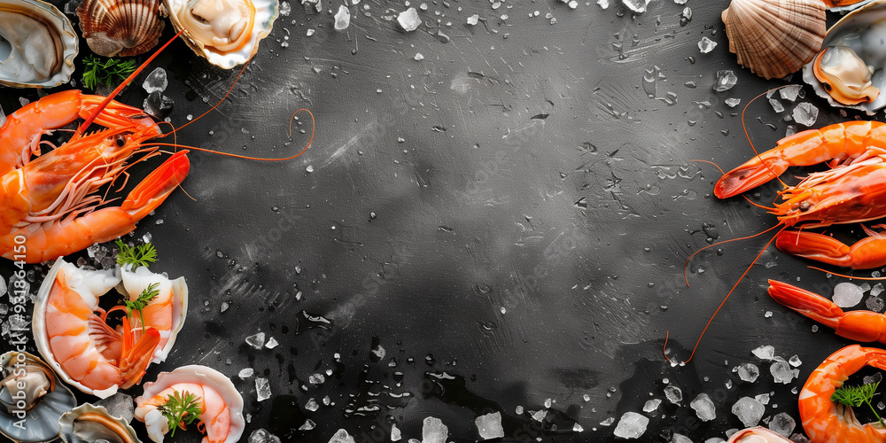 Seafood shrimp, mussels frame on the black stone background flat lay ...