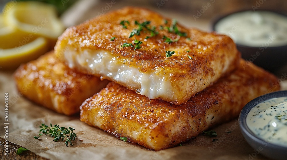 Fish sticks in a vertical arrangement with lemon and tartar sauce ...