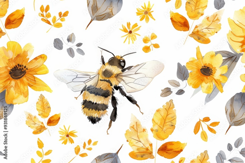Watercolor seamless pattern, honey bee background with cute flower and ...