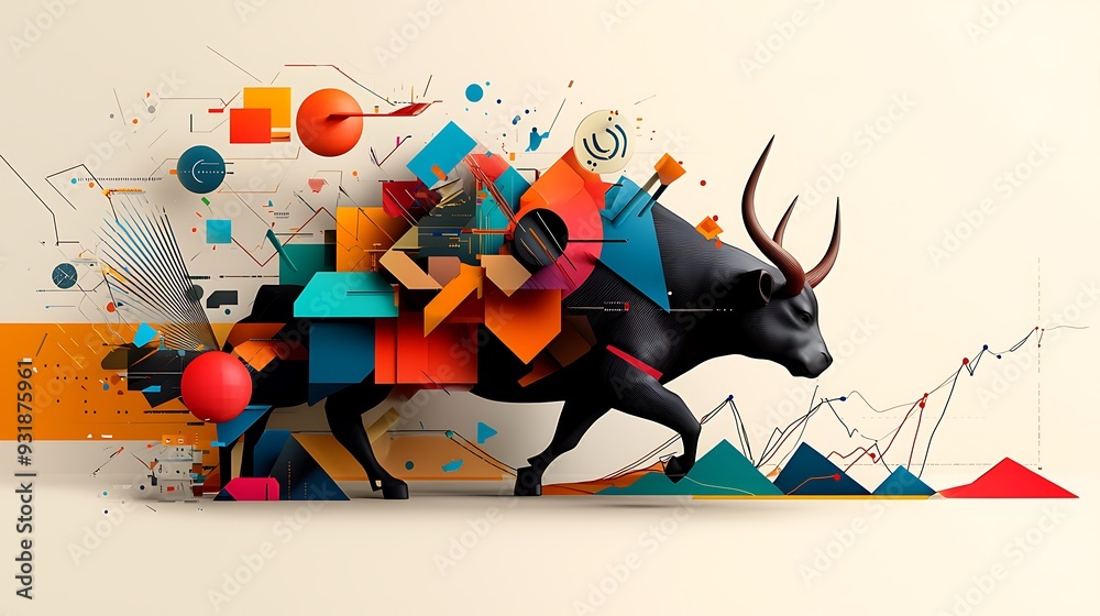 Abstract Bull Market Illustration: Features geometric shapes and line ... Abstract Bull Market Illustration: Features geometric shapes and line ...