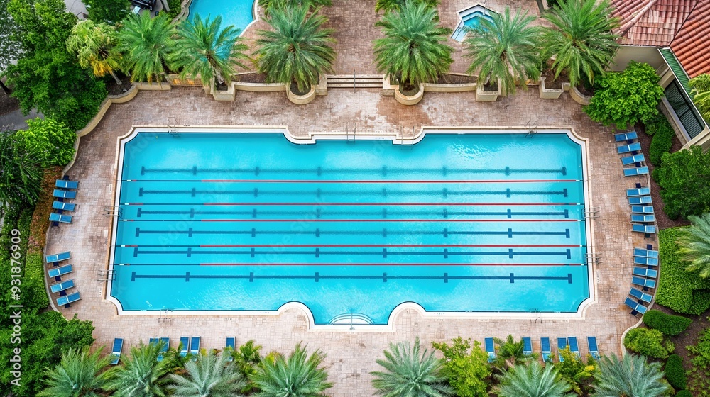 Swimming pool at exotic resort aerial view image. Water reservoir for ...