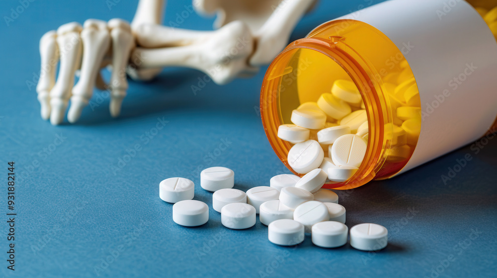 Calcium Supplements with Bone Structure, Calcium tablets cascading from ...