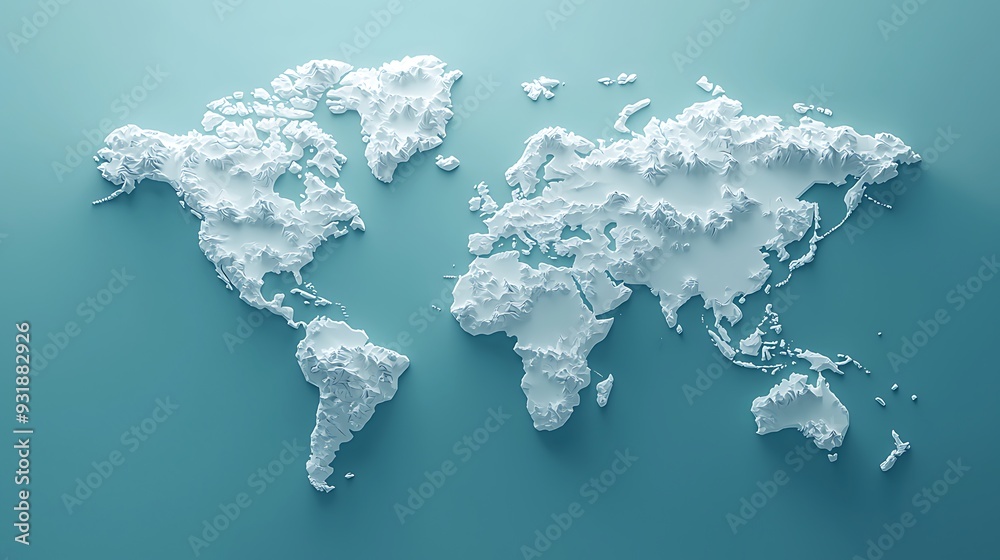 White 3D World Map on Teal Background: A 3D white world map on a teal ...