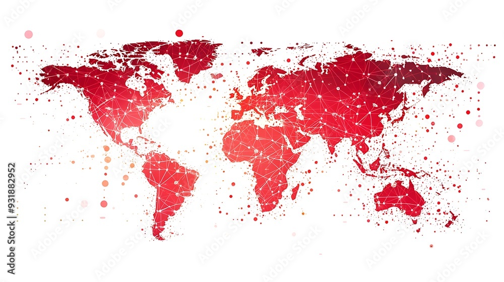 Red World Map with Connected Dots and Lines: An abstract red world map ...