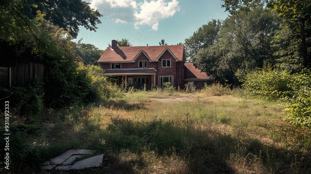 11. **A neglected suburban neighborhood with overgrown lawns and ...