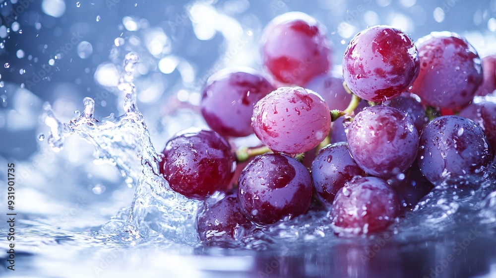 A bunch of fresh, juicy grapes splashing into a pool of clear water ...