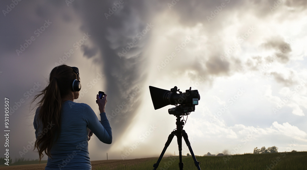 A tornado chaser documents a twister using a camera and wind speed ...
