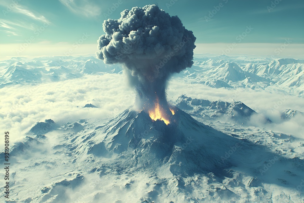 Wide-angle aerial image of a volcano erupting with a big ash and smoke ...
