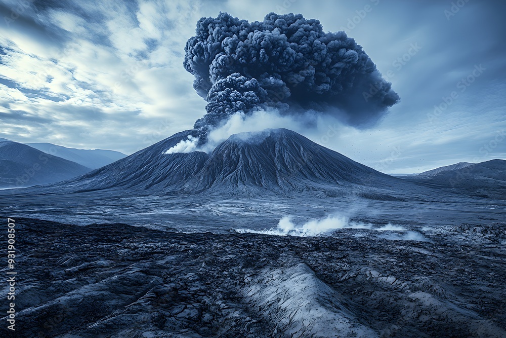 Wide-angle aerial image of a volcano erupting with a big ash and smoke ...