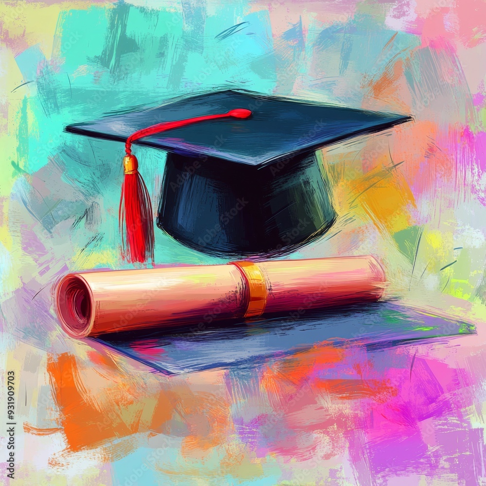 Artistic Graduation Cap Sketch: Symbolic Tassel and Diploma Roll Design ...