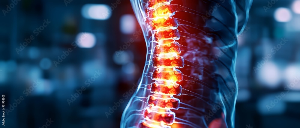 Conceptual medical illustration focusing on the lumbar region, showing ...