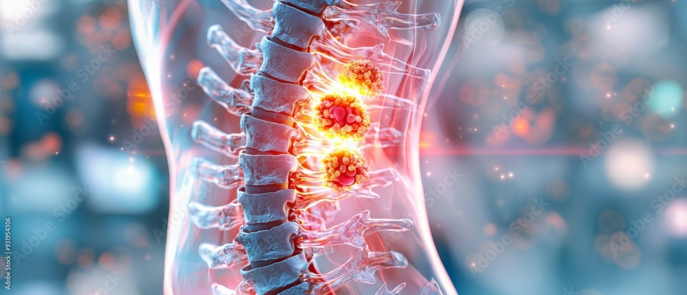Conceptual medical illustration focusing on the lumbar region, showing ...