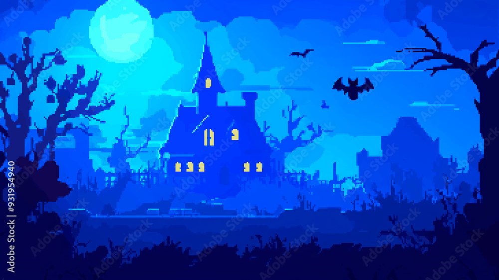 8-bit pixel art game scene of a spooky and mysterious background with a ...