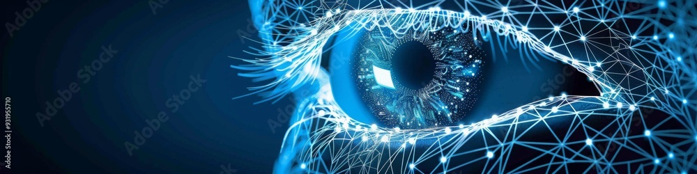 blue digital eye, concept of surveillance and vision technologies, face ...