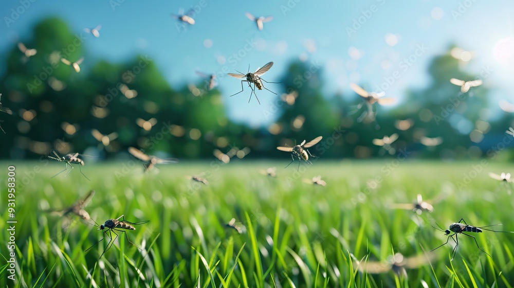 Many mosquitoes fly over green grass field Many mosquitoes fly over ...