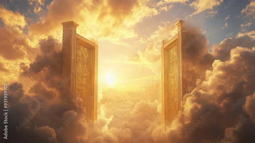 ethereal golden gates floating in misty clouds heavenly light beams ...