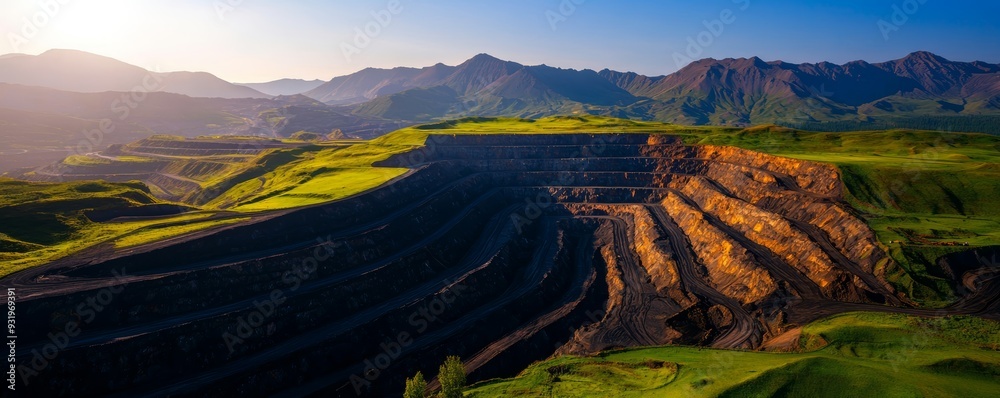 Bird's-eye view of an expansive open pit mine, highlighting the ...