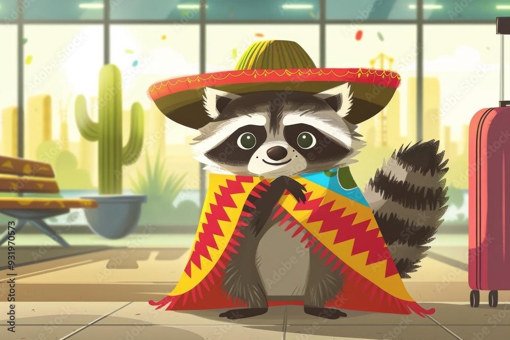 A cheerful raccoon explores a lively airport terminal, fascinated by ...